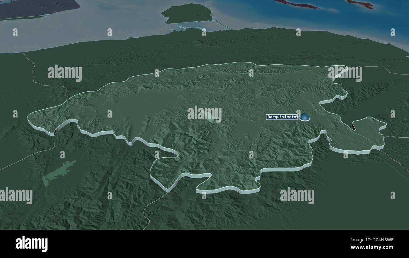 Zoom in on Lara (state of Venezuela) extruded. Oblique perspective ...