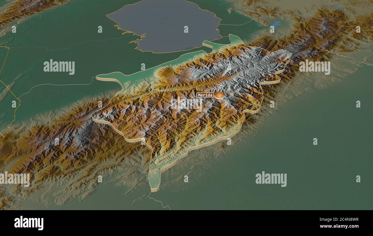 Zoom in on Mérida (state of Venezuela) extruded. Oblique perspective ...