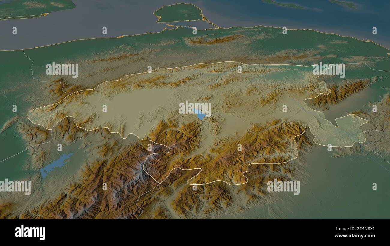 Zoom in on Lara (state of Venezuela) outlined. Oblique perspective ...