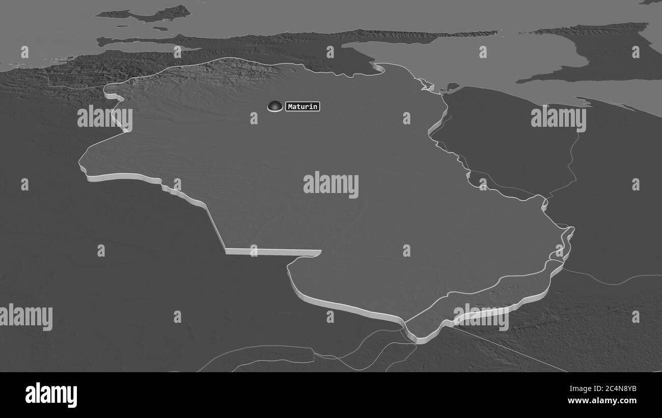 Zoom in on Monagas (state of Venezuela) extruded. Oblique perspective ...