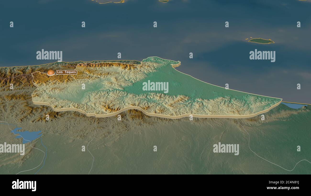 Zoom in on Miranda (state of Venezuela) extruded. Oblique perspective ...
