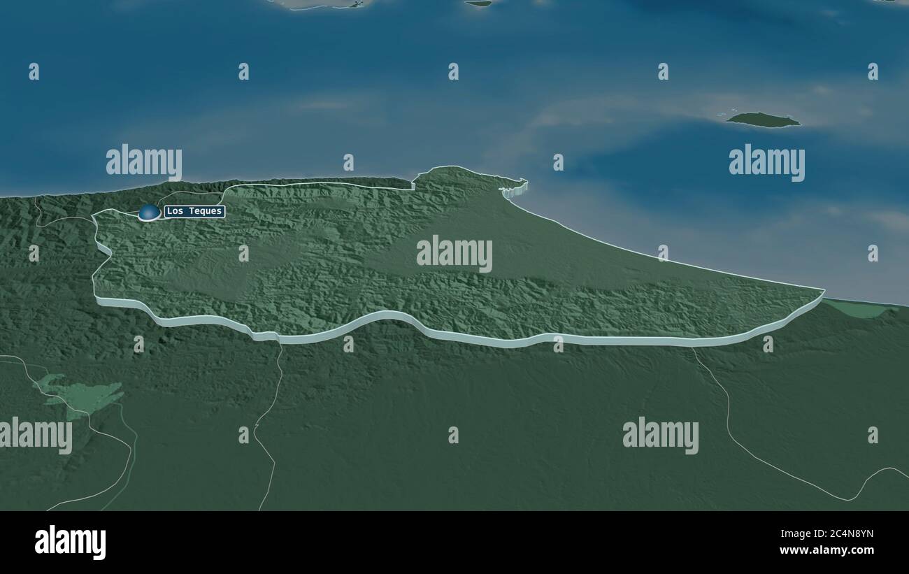 Zoom in on Miranda (state of Venezuela) extruded. Oblique perspective ...
