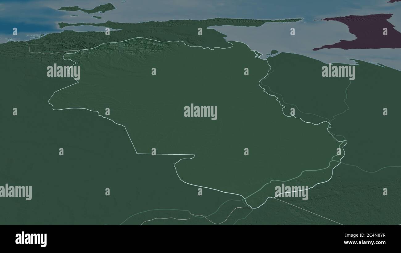 Zoom in on Monagas (state of Venezuela) outlined. Oblique perspective ...