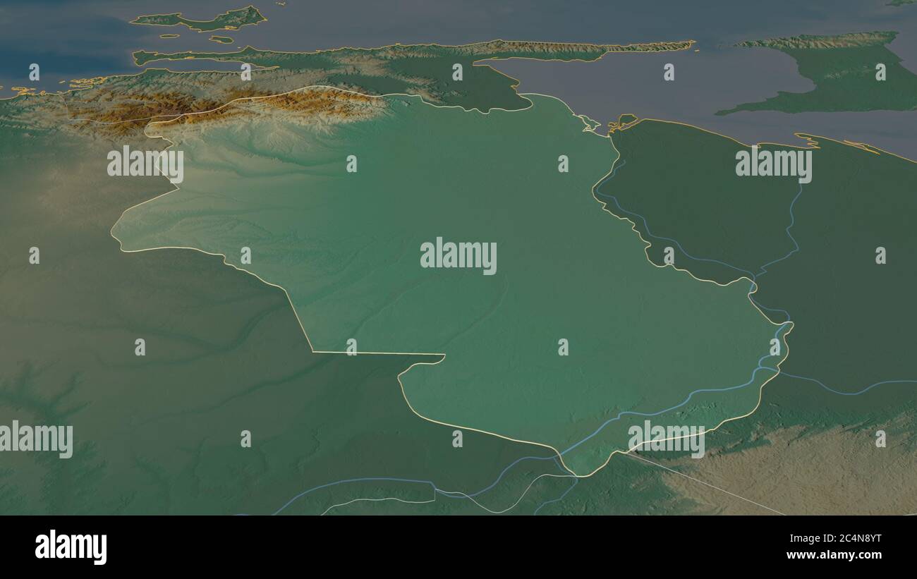 Zoom in on Monagas (state of Venezuela) outlined. Oblique perspective ...