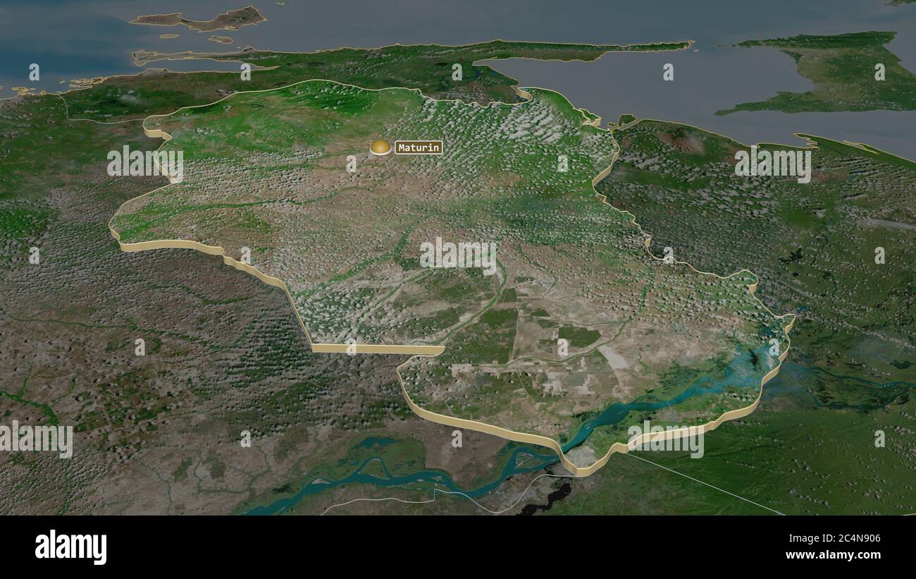 Zoom in on Monagas (state of Venezuela) extruded. Oblique perspective ...