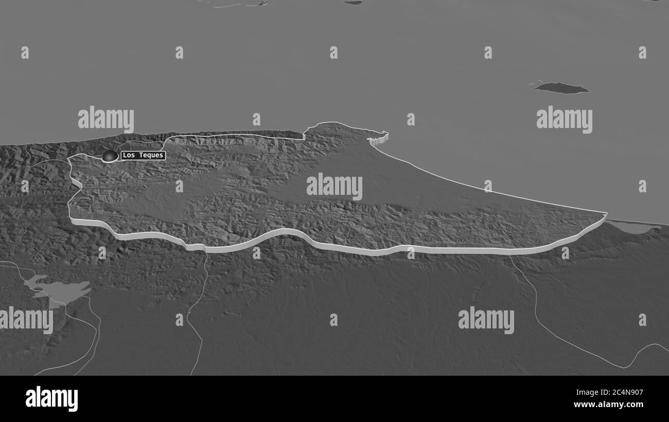 Zoom in on Miranda (state of Venezuela) extruded. Oblique perspective ...