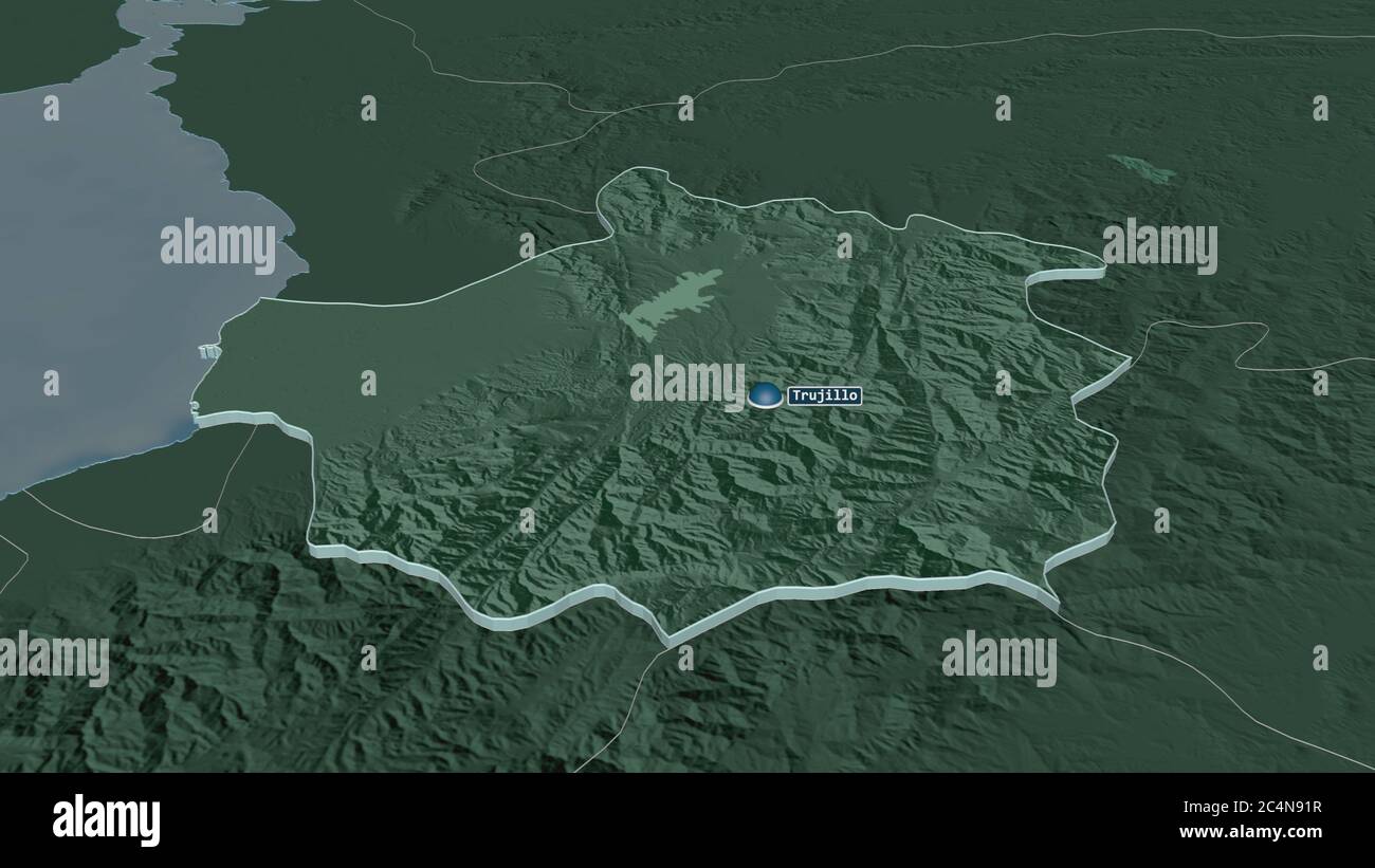 Zoom in on Trujillo (state of Venezuela) extruded. Oblique perspective ...