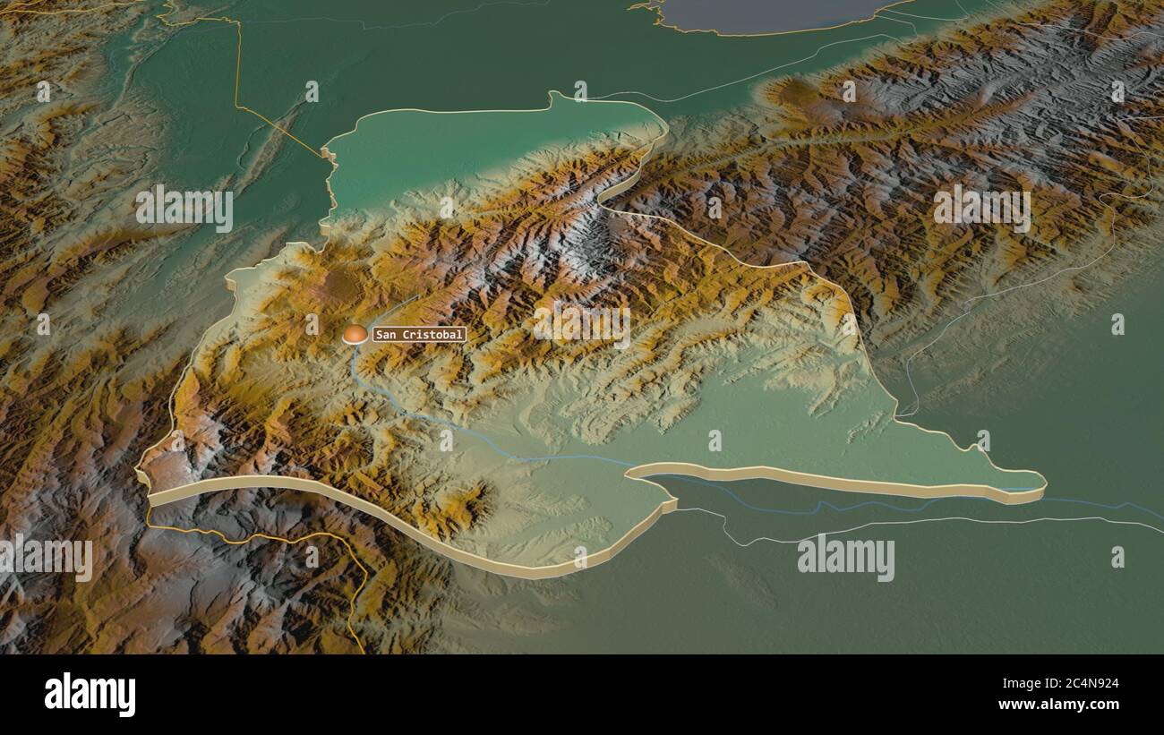 Zoom in on Táchira (state of Venezuela) extruded. Oblique perspective ...