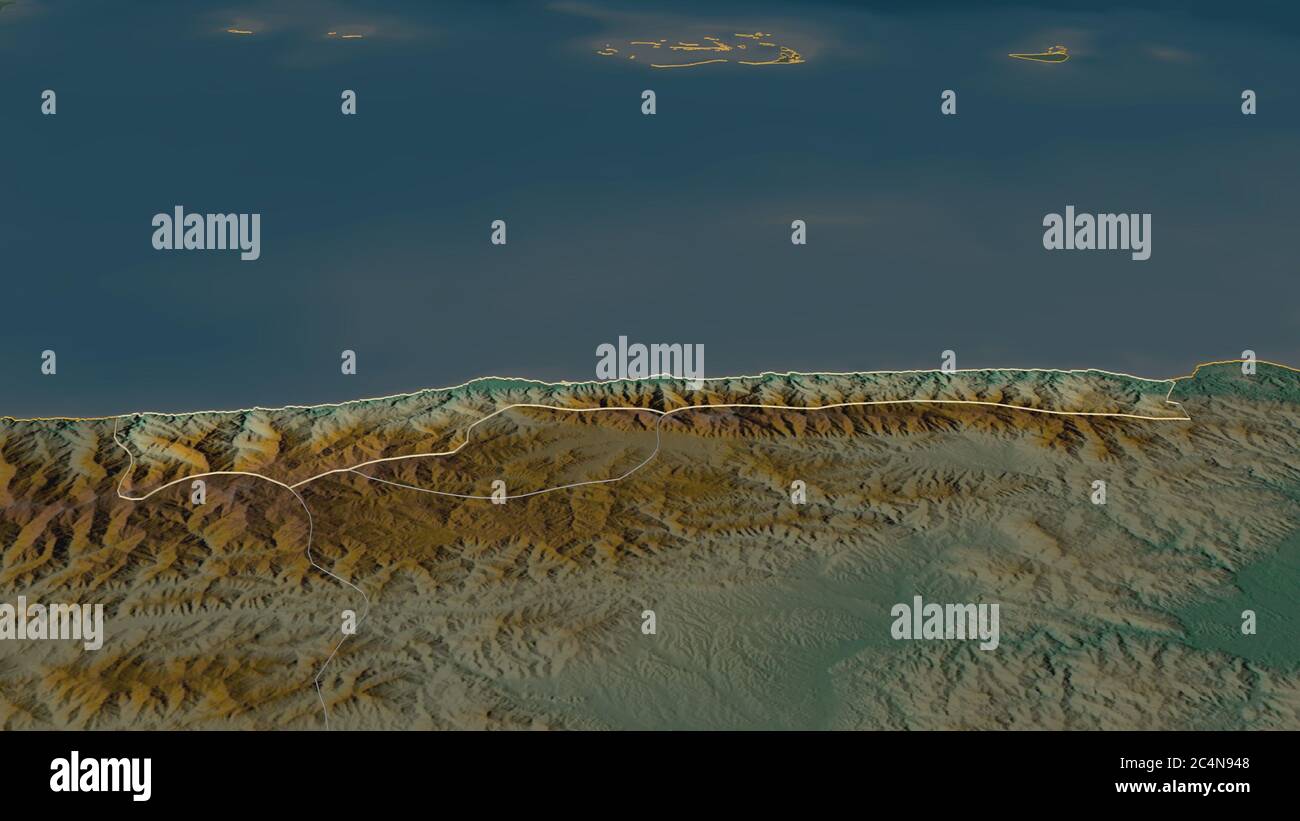 Zoom in on Vargas (state of Venezuela) outlined. Oblique perspective ...