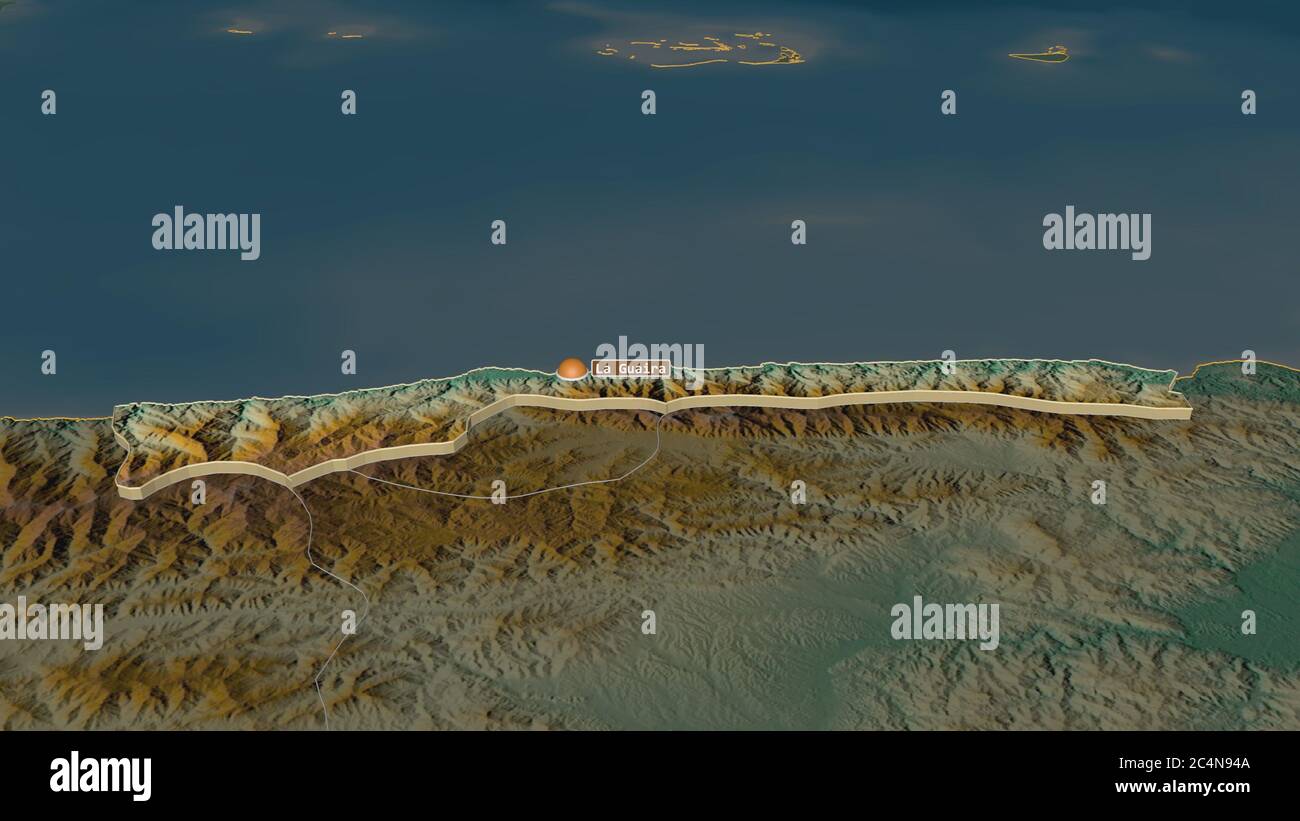 Zoom in on Vargas (state of Venezuela) extruded. Oblique perspective ...