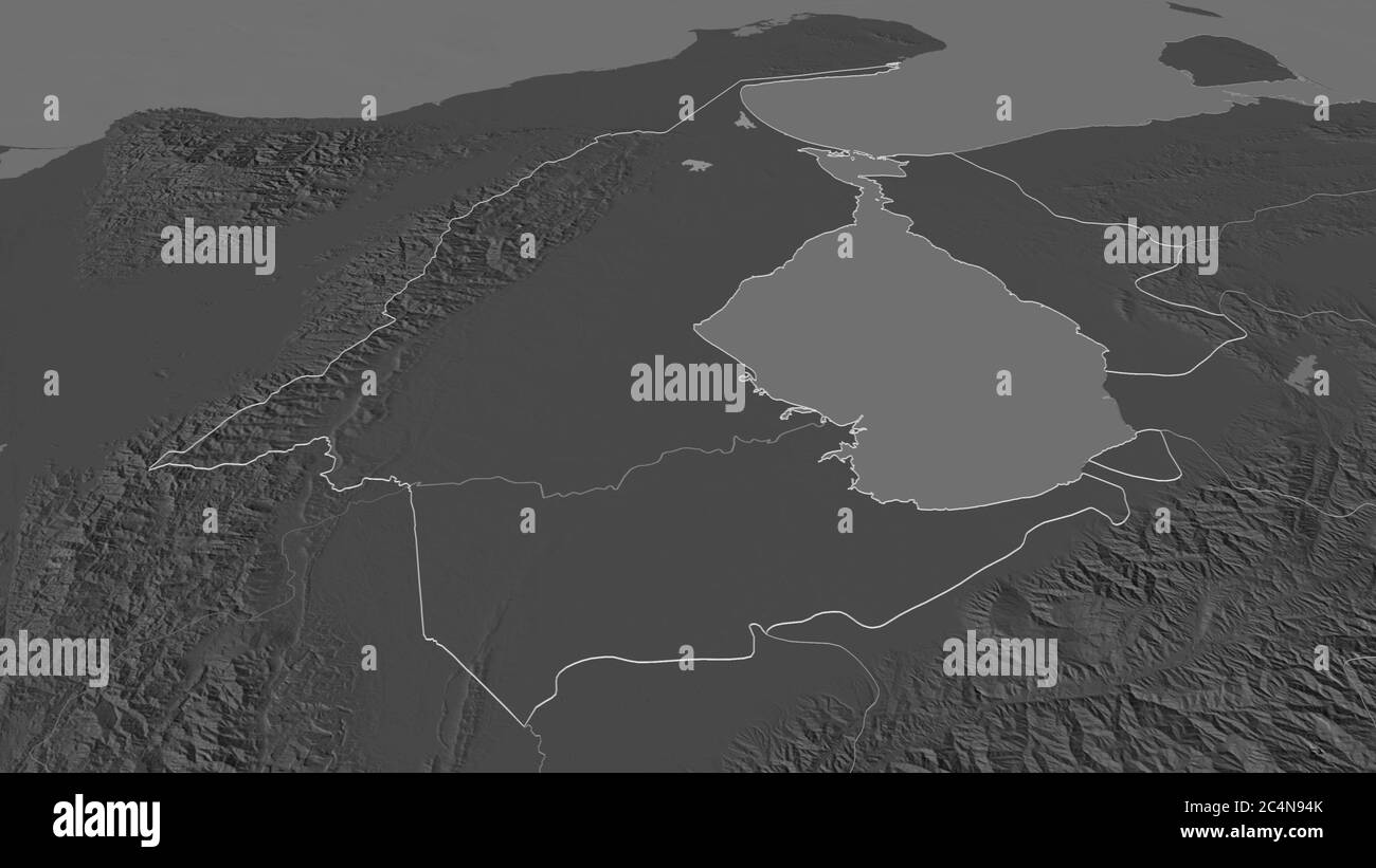 Zoom in on Zulia (state of Venezuela) outlined. Oblique perspective ...