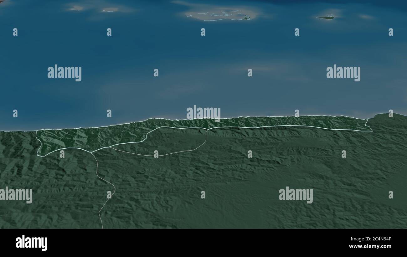 Zoom in on Vargas (state of Venezuela) outlined. Oblique perspective ...