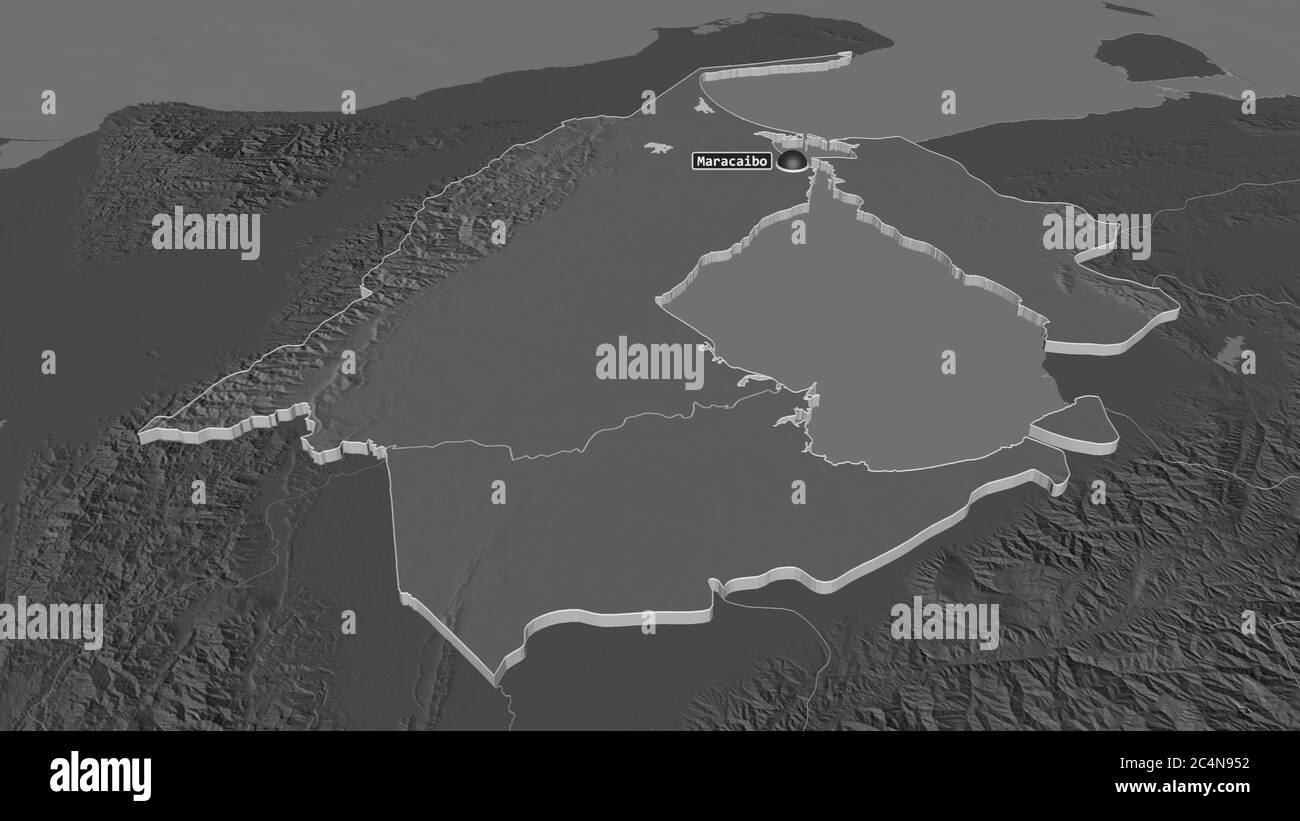 Zoom in on Zulia (state of Venezuela) extruded. Oblique perspective ...