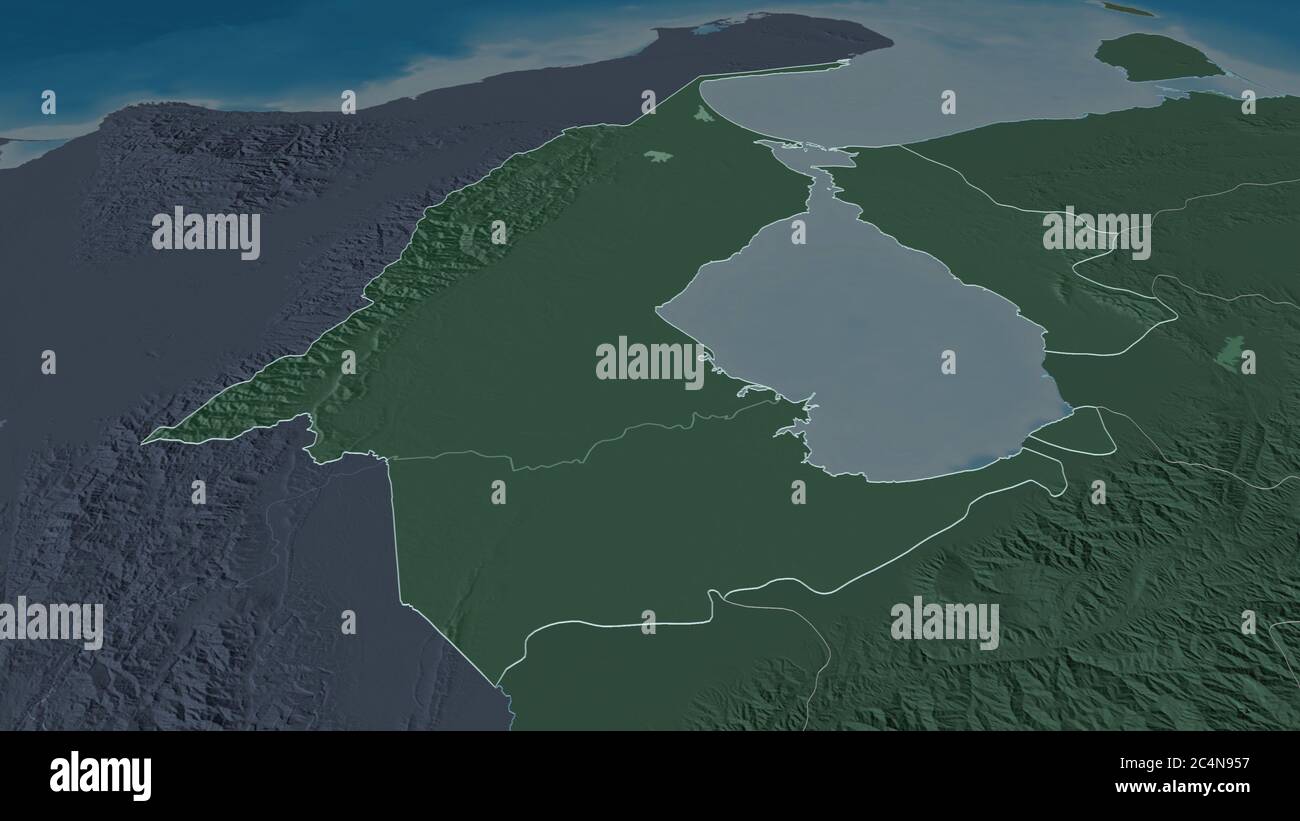 Zoom in on Zulia (state of Venezuela) outlined. Oblique perspective ...