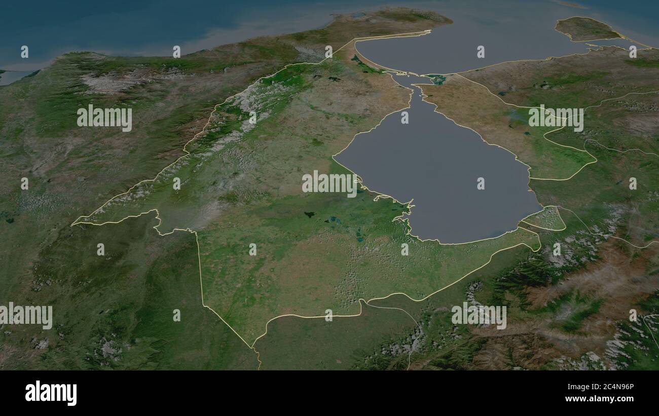 Zoom in on Zulia (state of Venezuela) outlined. Oblique perspective ...