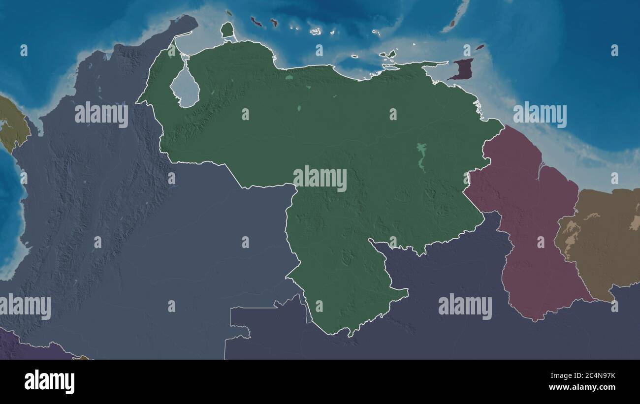 Outlined shape of the Venezuela area. Colored and bumped map of the ...