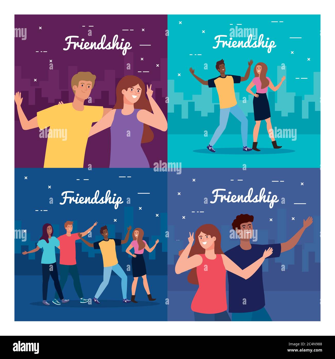 set scenes of happy characters, young people, friendship excitement ...