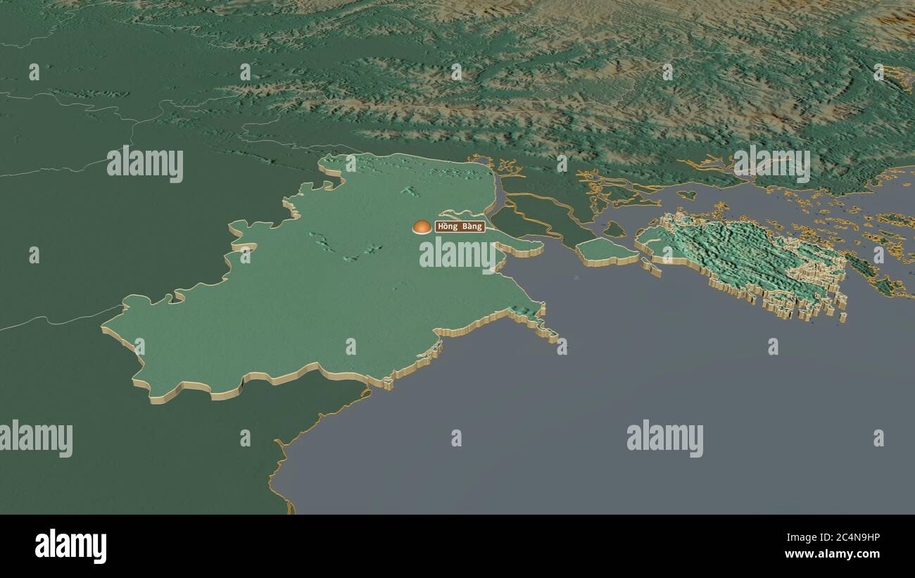 Zoom in on Hải Phòng (city of Vietnam) extruded. Oblique perspective ...