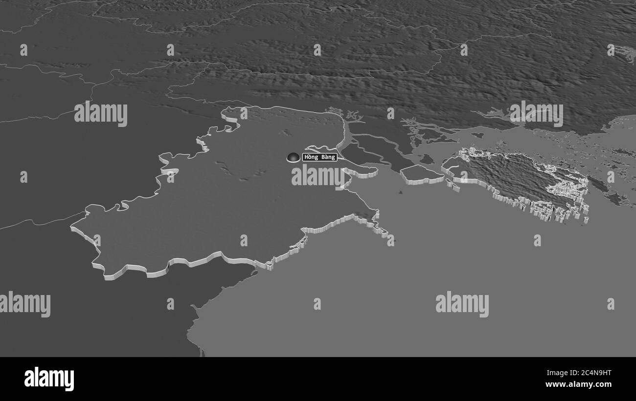 Zoom in on Hải Phòng (city of Vietnam) extruded. Oblique perspective ...