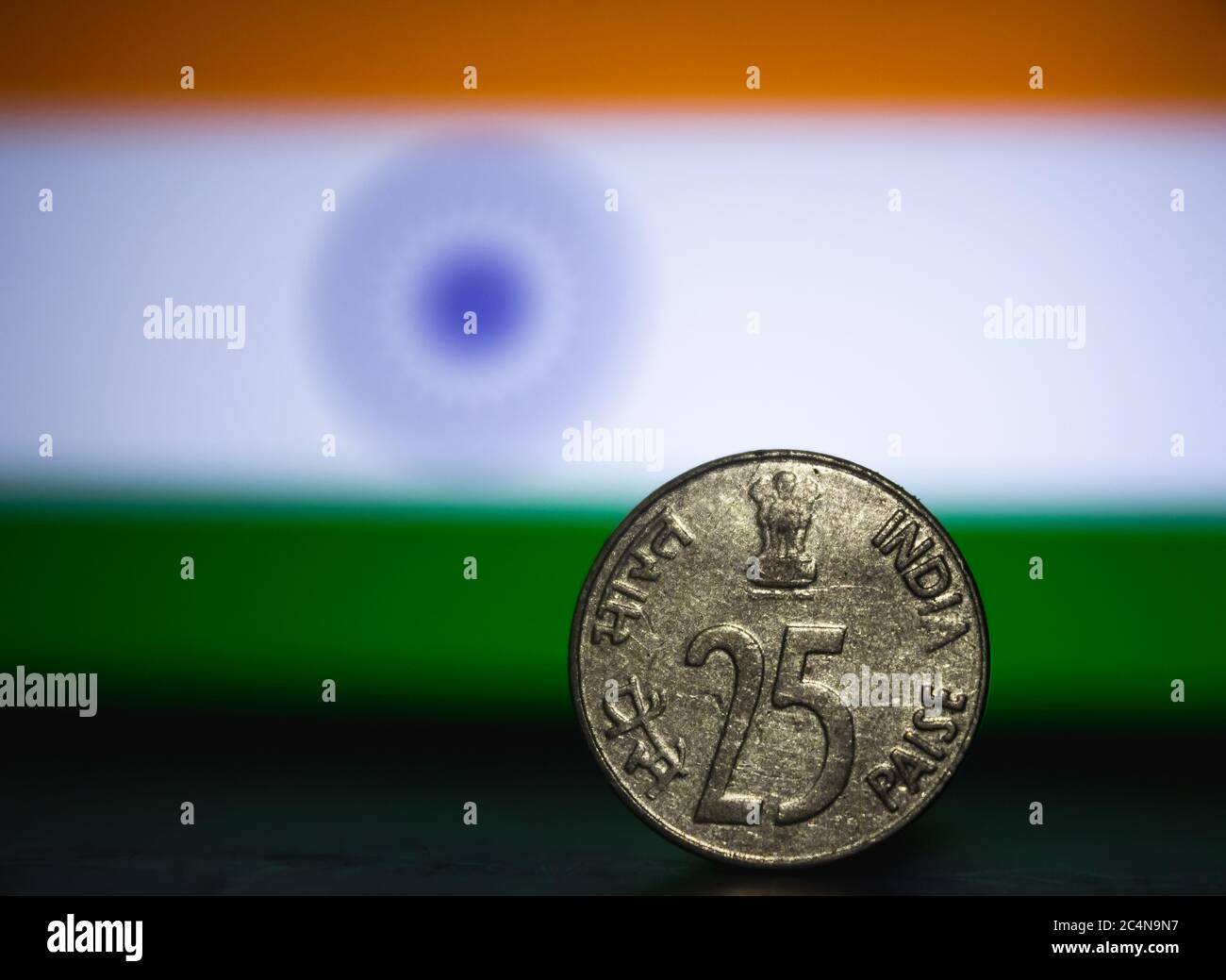 Indian currency - Indian twenty Paisa coin rupee isolated on india flag ...