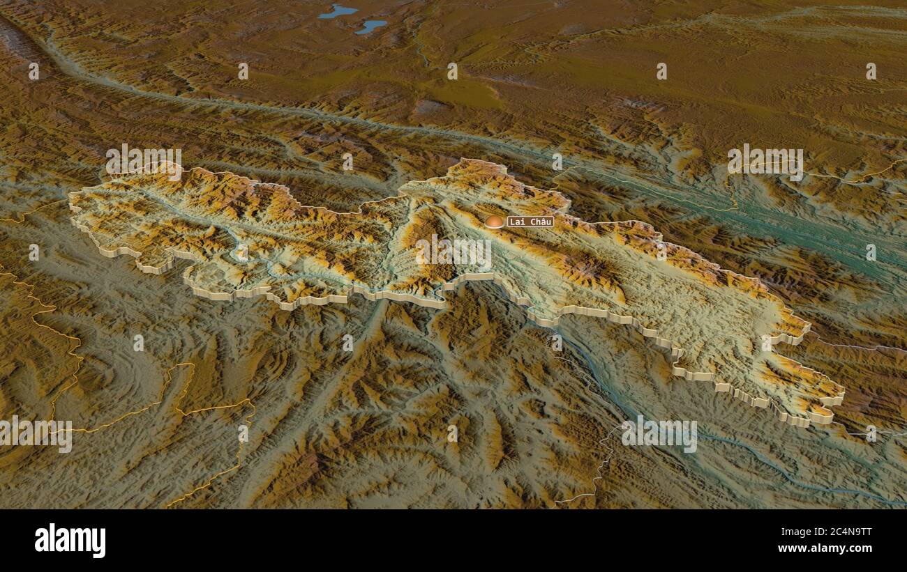 Zoom in on Lai Châu (province of Vietnam) extruded. Oblique perspective ...