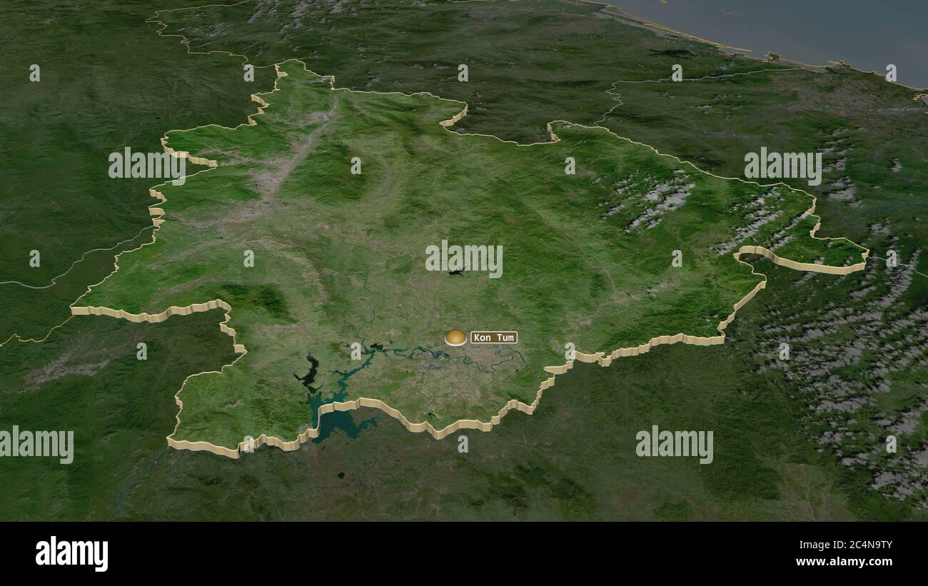 Zoom in on Kon Tum (province of Vietnam) extruded. Oblique perspective ...