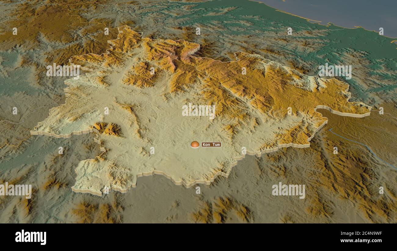 Zoom in on Kon Tum (province of Vietnam) extruded. Oblique perspective ...