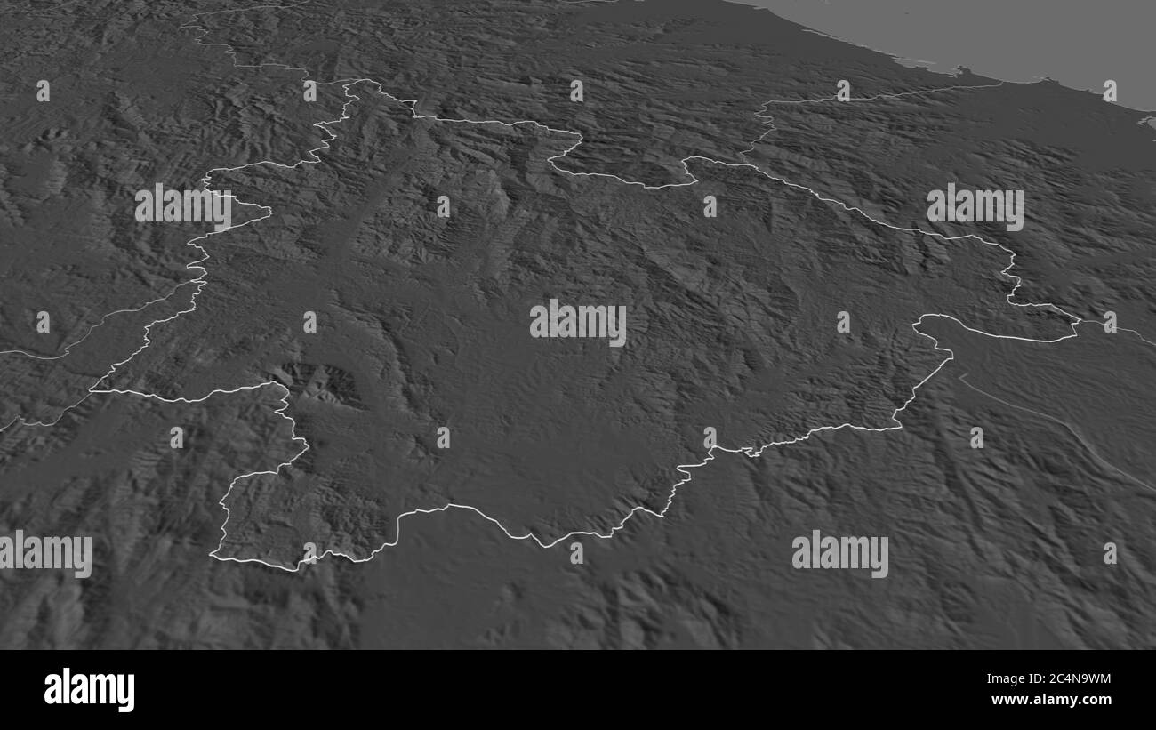 Zoom in on Kon Tum (province of Vietnam) outlined. Oblique perspective ...