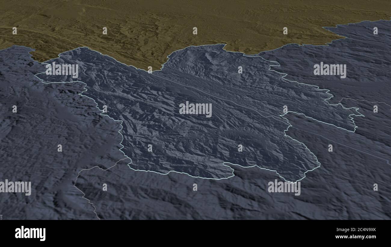 Zoom in on Lào Cai (province of Vietnam) outlined. Oblique perspective ...