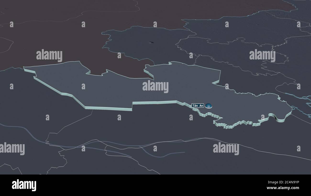 Zoom in on Long An (province of Vietnam) extruded. Oblique perspective ...