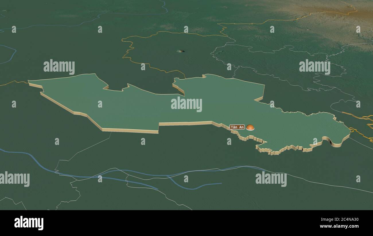 Zoom in on Long An (province of Vietnam) extruded. Oblique perspective ...