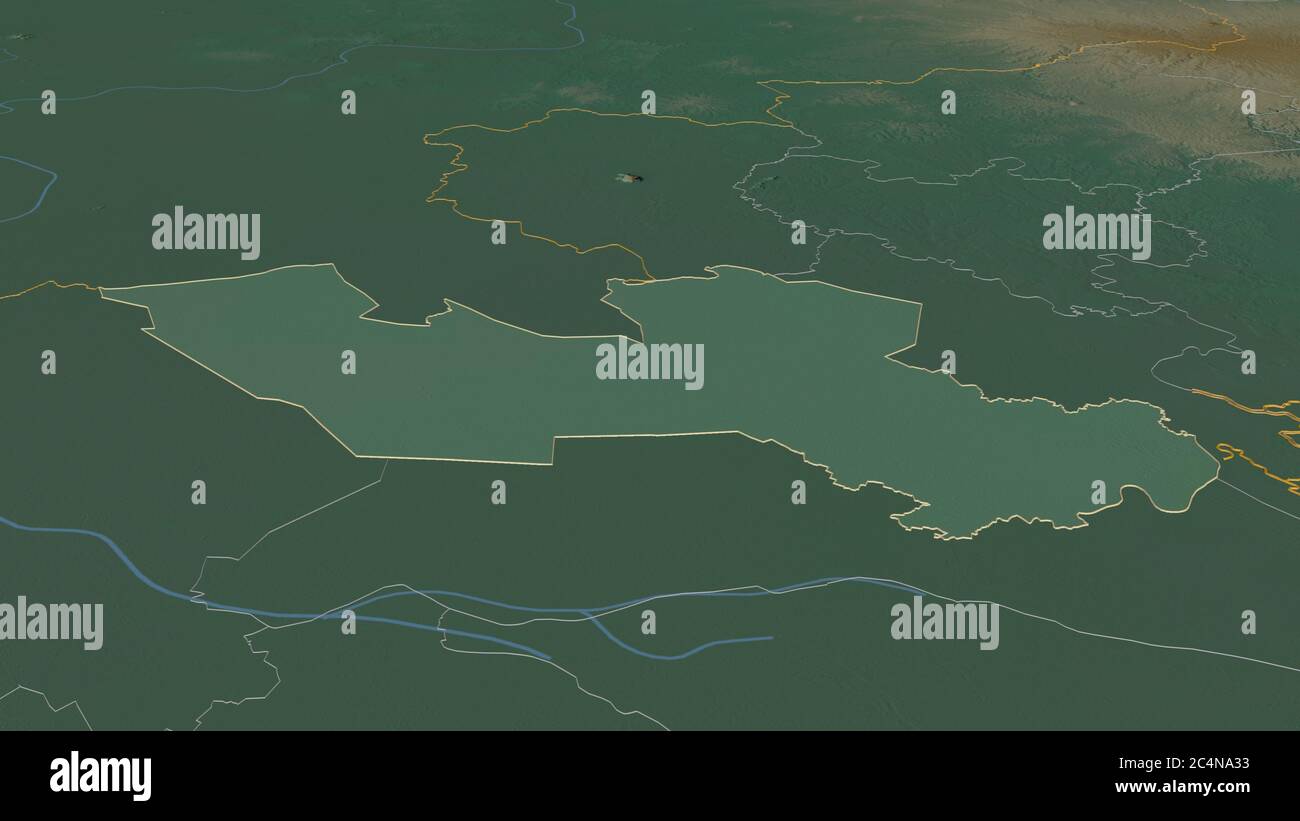 Zoom in on Long An (province of Vietnam) outlined. Oblique perspective ...
