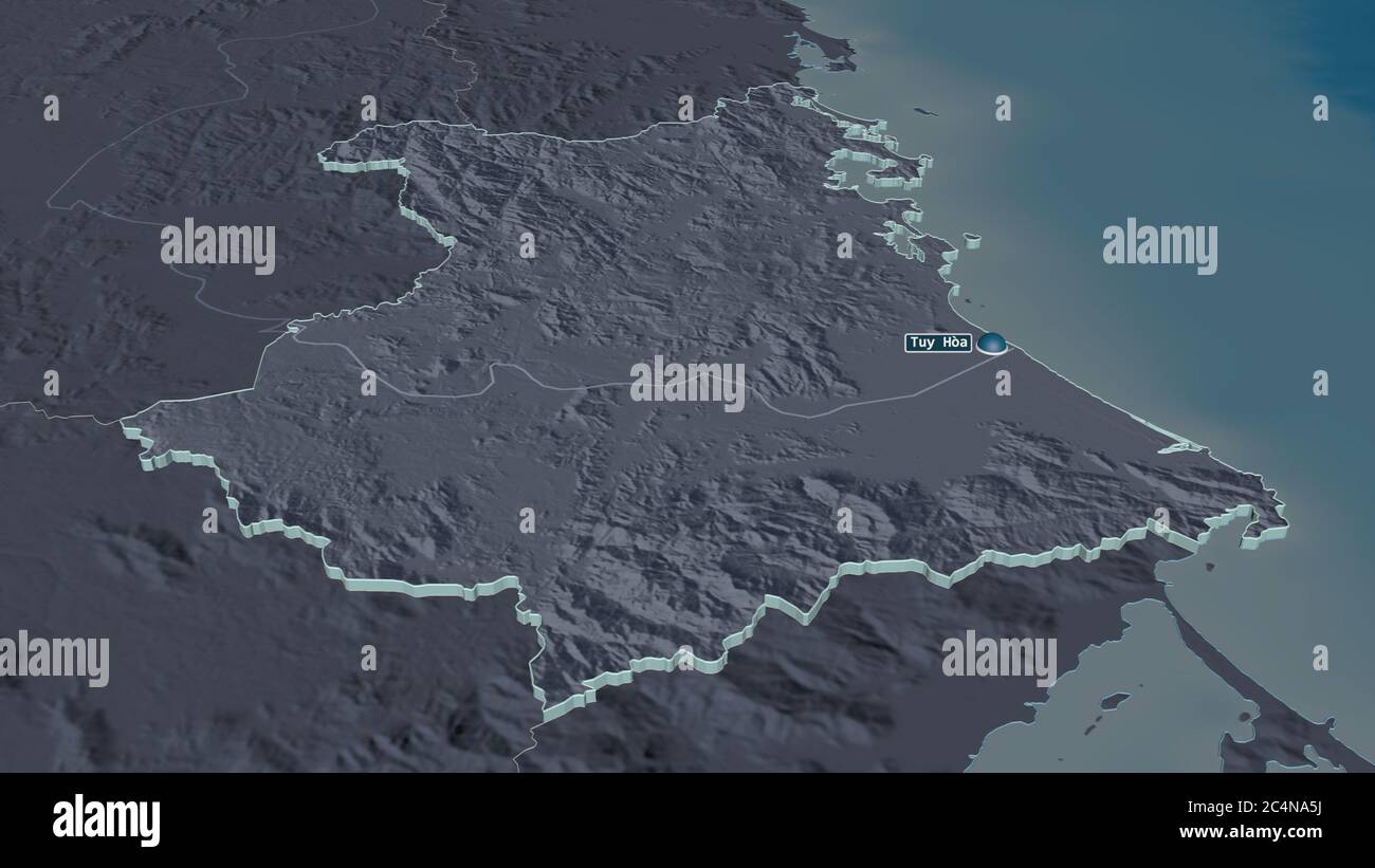Zoom in on Phú Yên (province of Vietnam) extruded. Oblique perspective ...