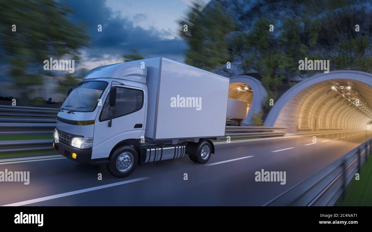 White Cargo Delivery Trucks in Motion 3D Rrendering Stock Photo - Alamy