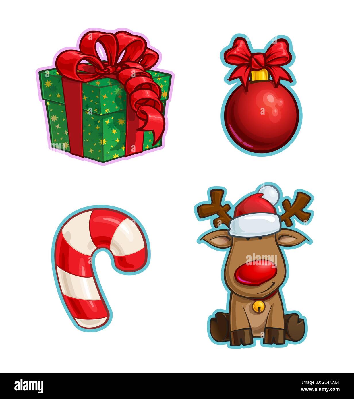 Vector Cartoon Icon set of a Red Ribbon Bow Gift, a Christmas Ball, a ...