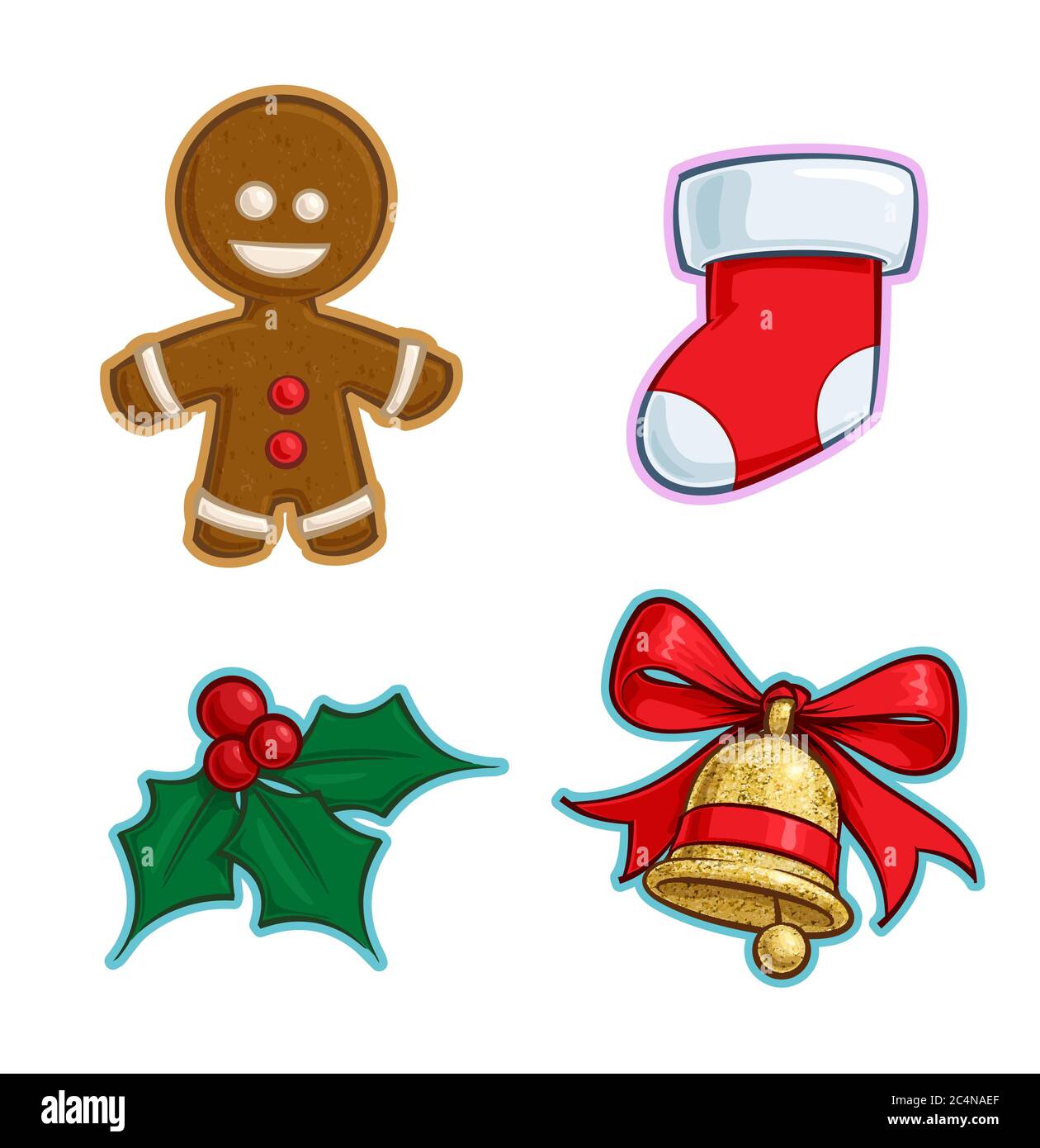 Vector Cartoon Icon set of a Gingerbread Man, a red Stocking, a Holly ...