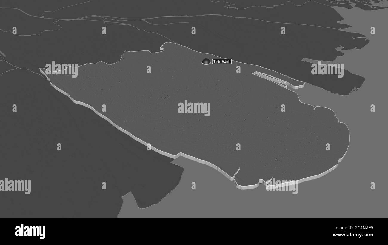 Zoom in on Trà Vinh (province of Vietnam) extruded. Oblique perspective ...