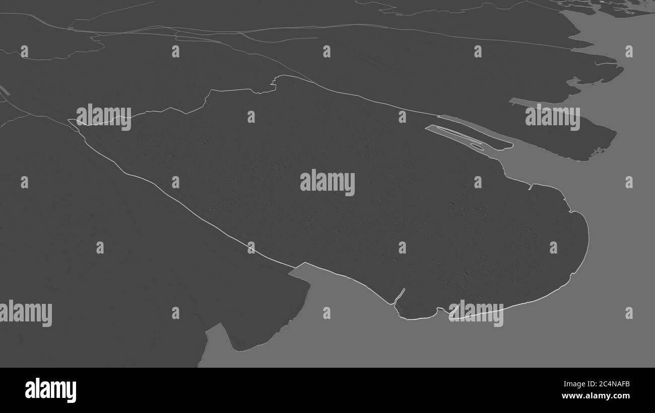 Zoom in on Trà Vinh (province of Vietnam) outlined. Oblique perspective ...