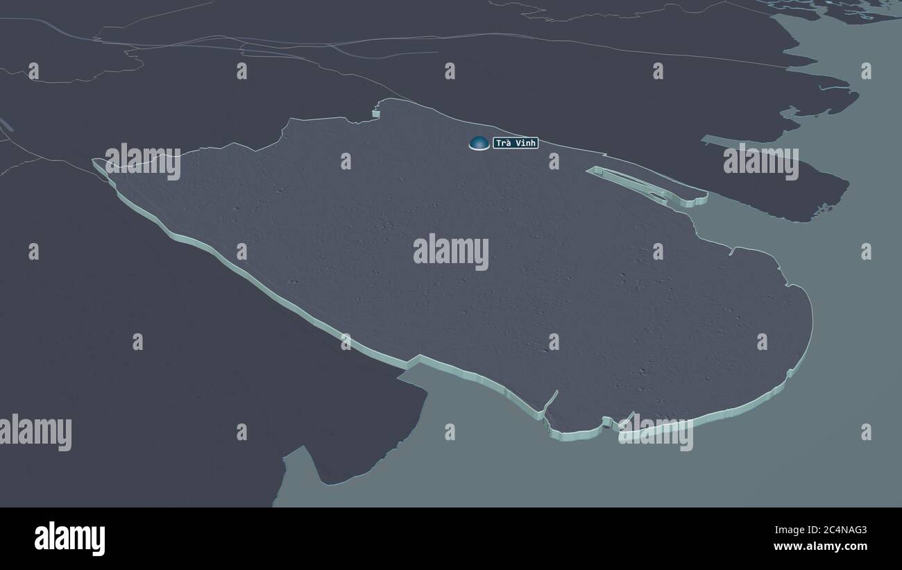 Zoom in on Trà Vinh (province of Vietnam) extruded. Oblique perspective ...