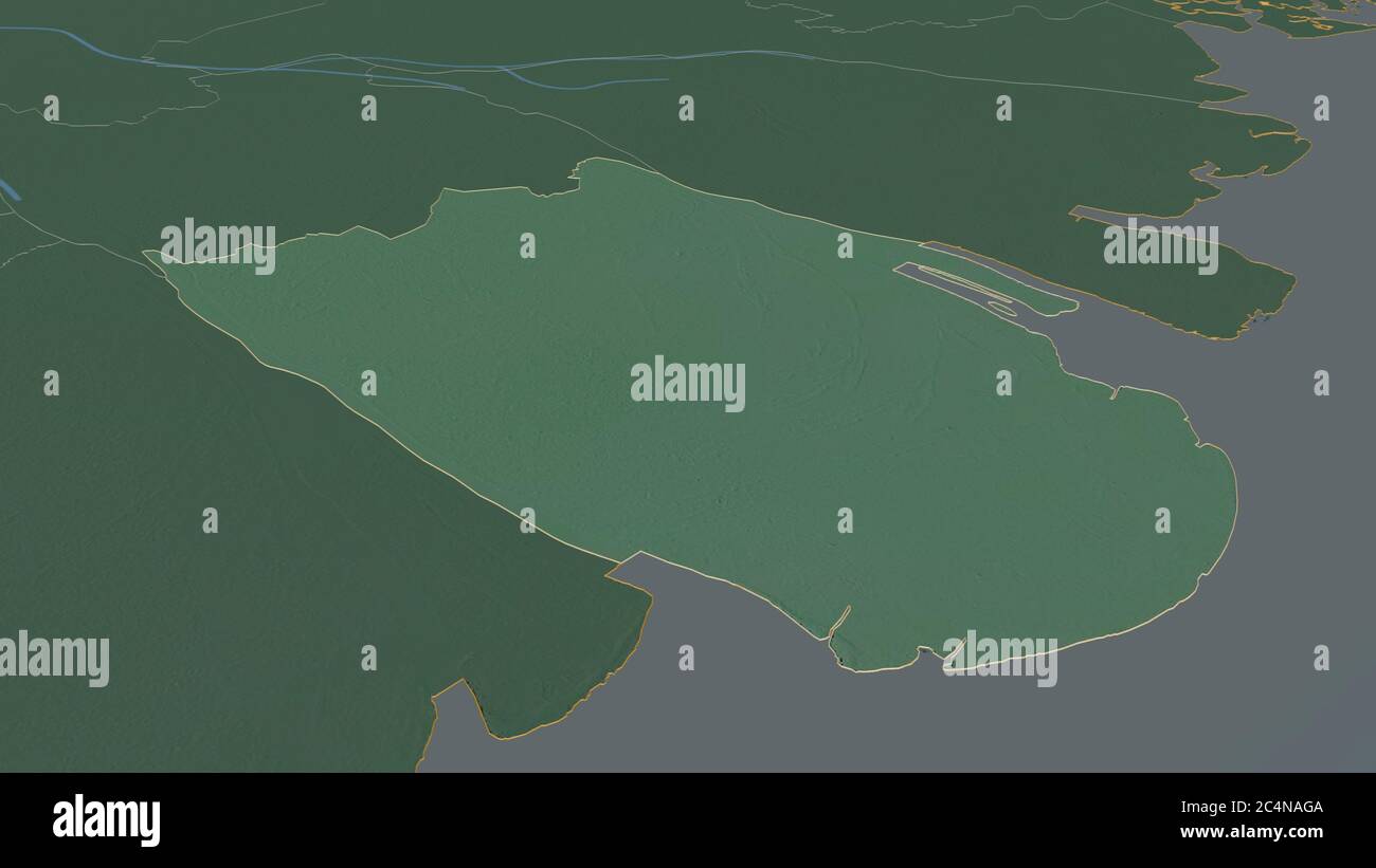 Zoom in on Trà Vinh (province of Vietnam) outlined. Oblique perspective ...