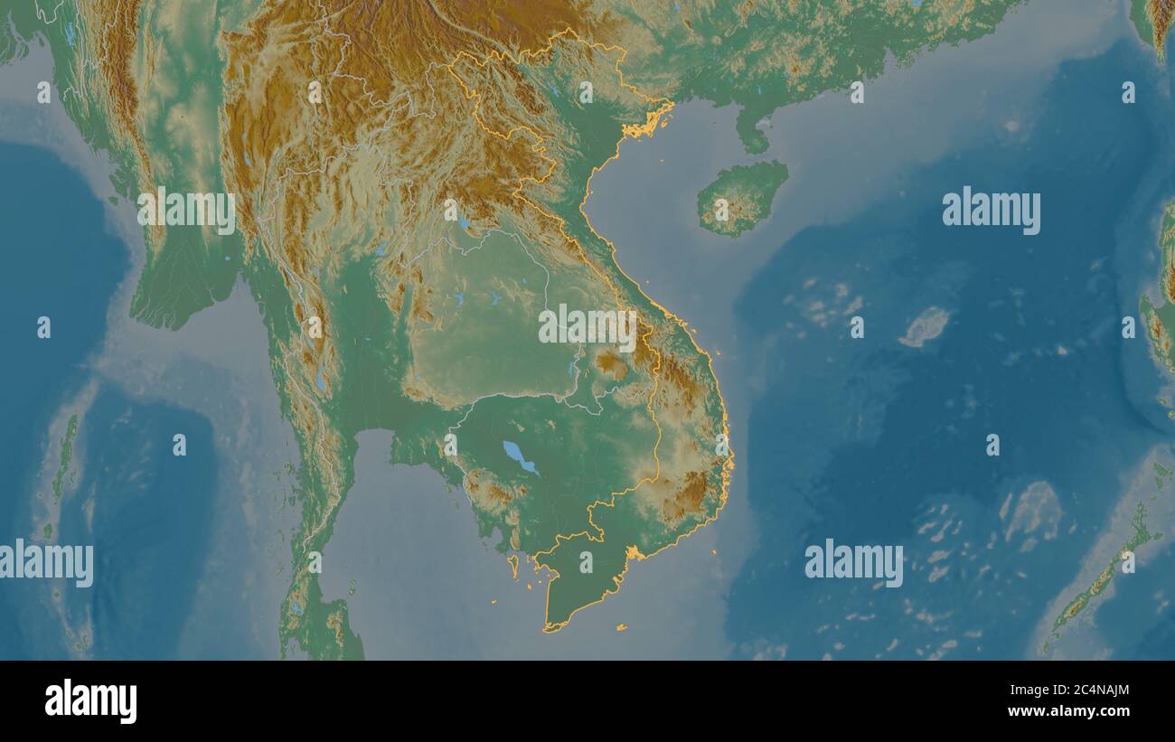 Outlined shape of the Vietnam area. Topographic relief map with surface ...