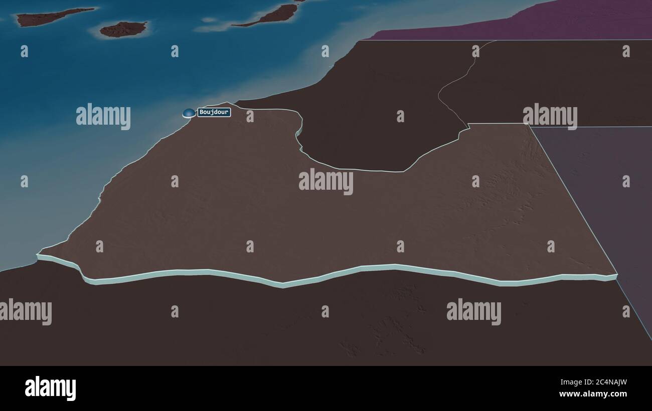 Zoom in on Boujdour (province of Western Sahara) extruded. Oblique ...