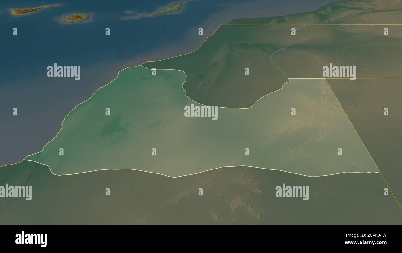 Zoom in on Boujdour (province of Western Sahara) outlined. Oblique ...