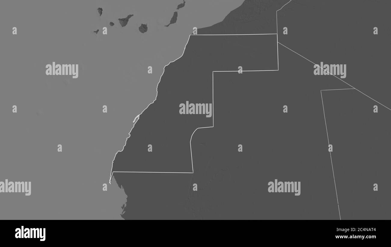 Outlined shape of the Western Sahara area. Bilevel elevation map with ...
