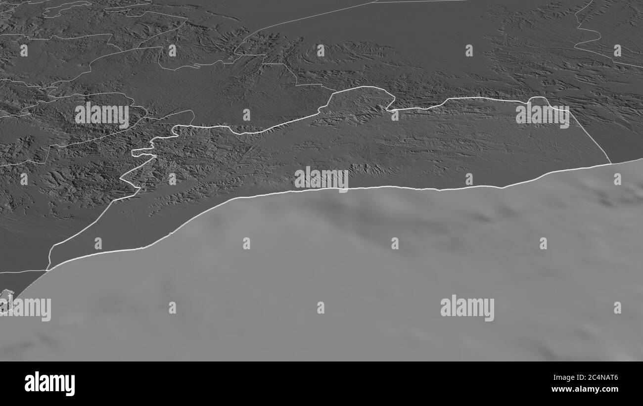Zoom in on Abyan (governorate of Yemen) outlined. Oblique perspective ...