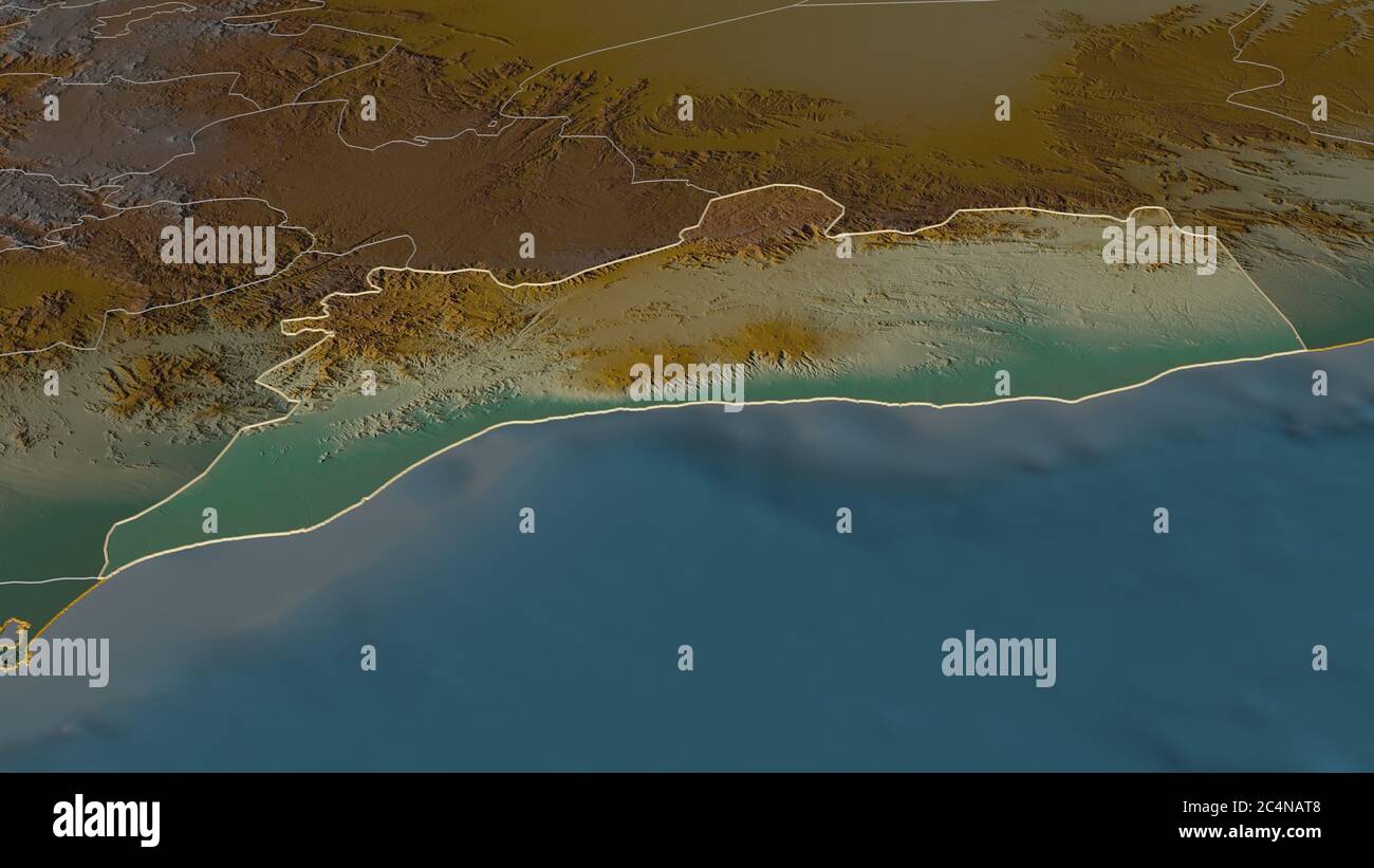 Zoom in on Abyan (governorate of Yemen) outlined. Oblique perspective ...