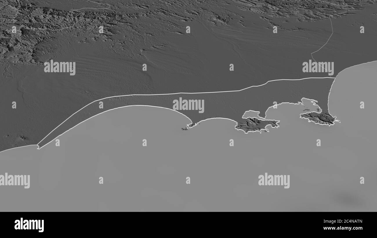 Zoom in on Adan (governorate of Yemen) outlined. Oblique perspective ...