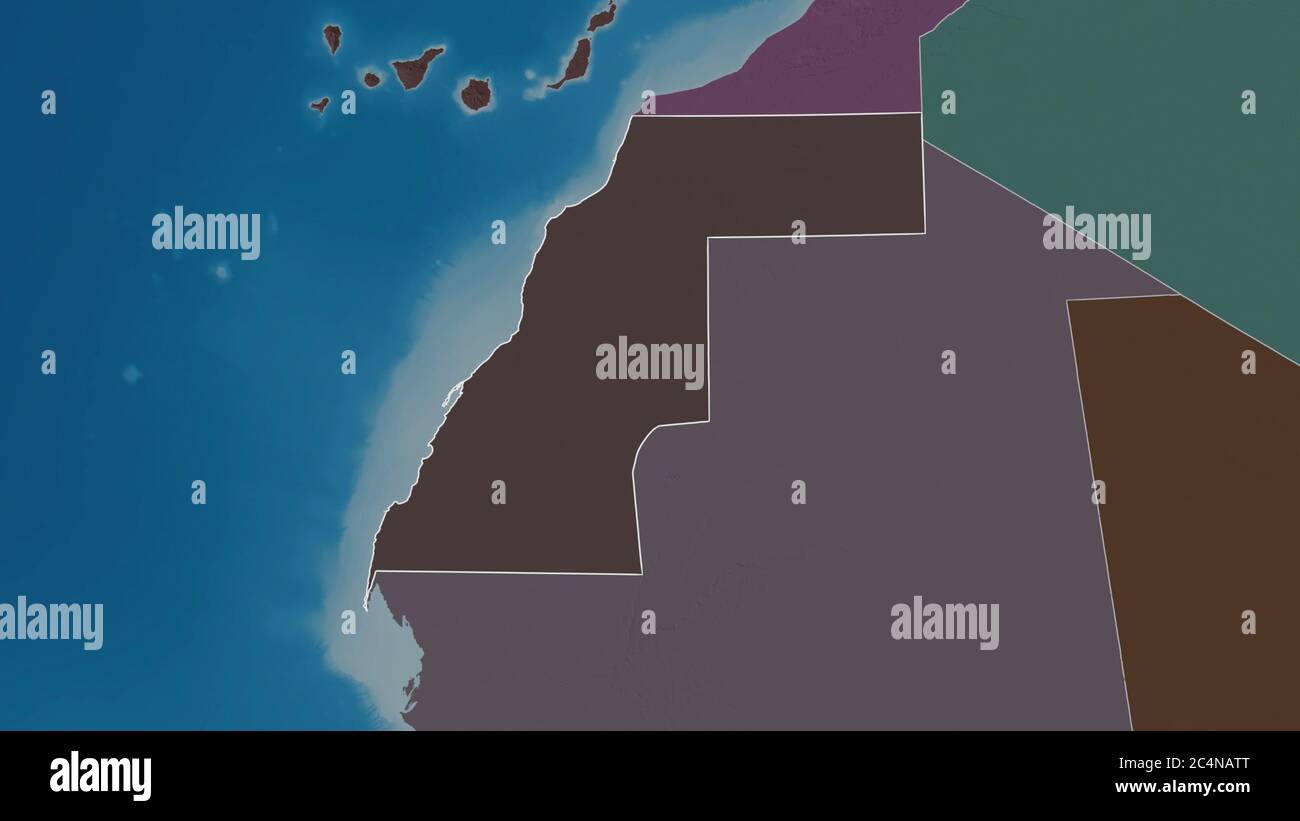 Outlined shape of the Western Sahara area. Colored and bumped map of ...