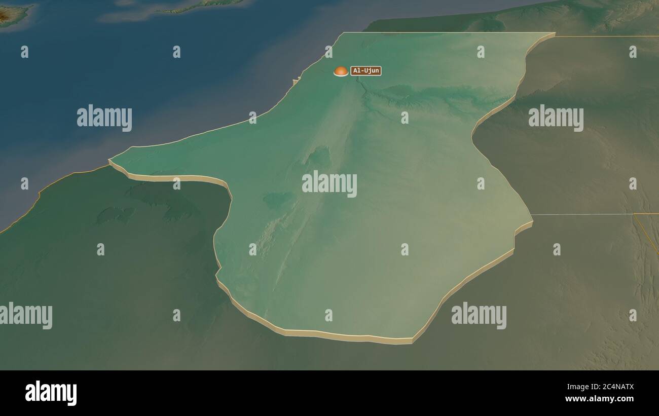 Zoom in on Laayoune (province of Western Sahara) extruded. Oblique ...
