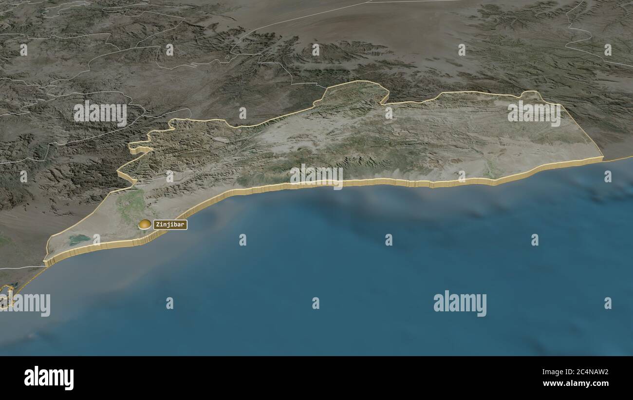 Zoom in on Abyan (governorate of Yemen) extruded. Oblique perspective ...
